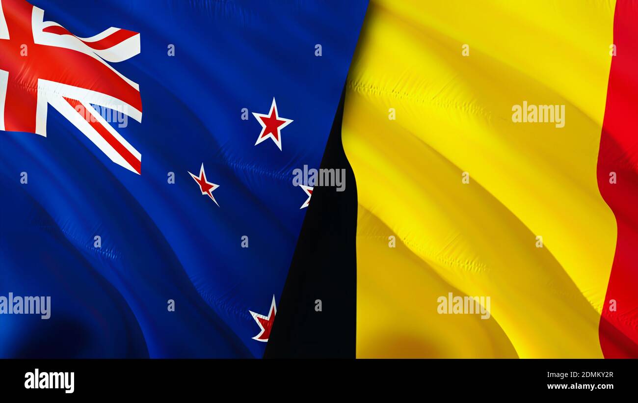New Zealand and Belgium flags. 3D Waving flag design. New Zealand ...