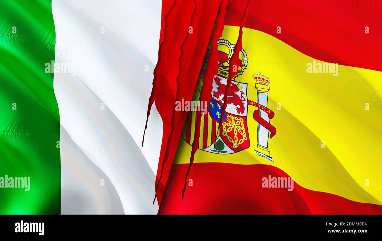Italy and Spain flags with scar concept. Waving flag,3D rendering ...
