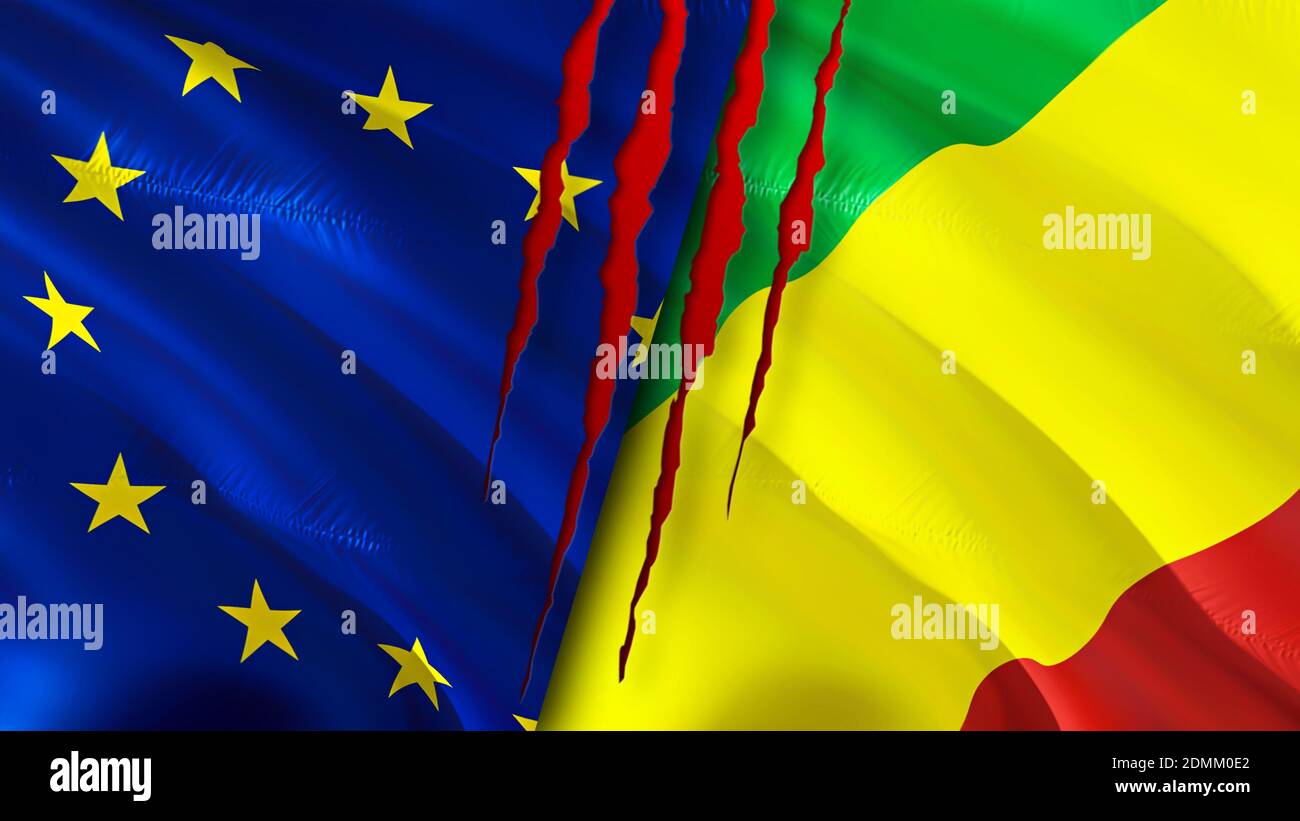 European Union and Congo flags with scar concept. Waving flag,3D ...