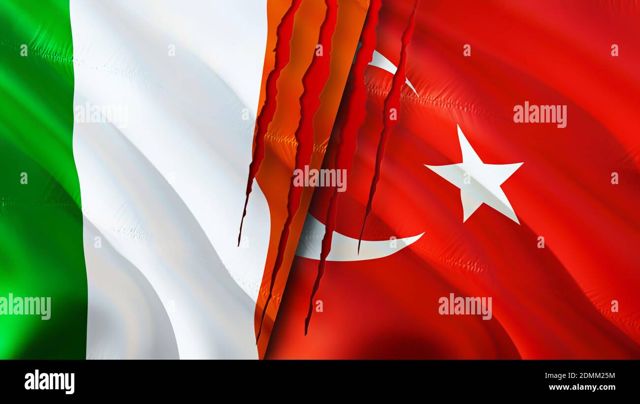 Ireland and Turkey flags with scar concept. Waving flag 3D rendering ...