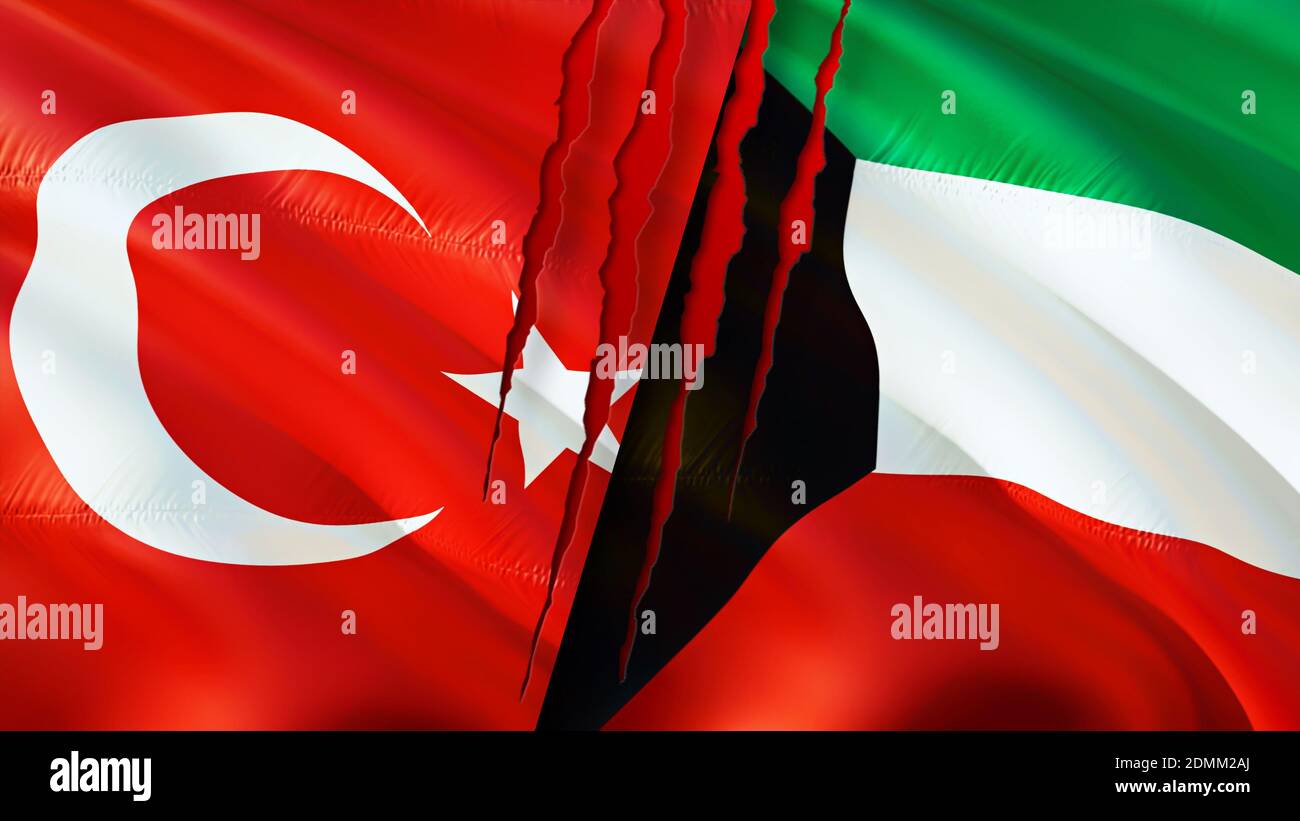 Turkey and Kuwait flags with scar concept. Waving flag,3D rendering ...