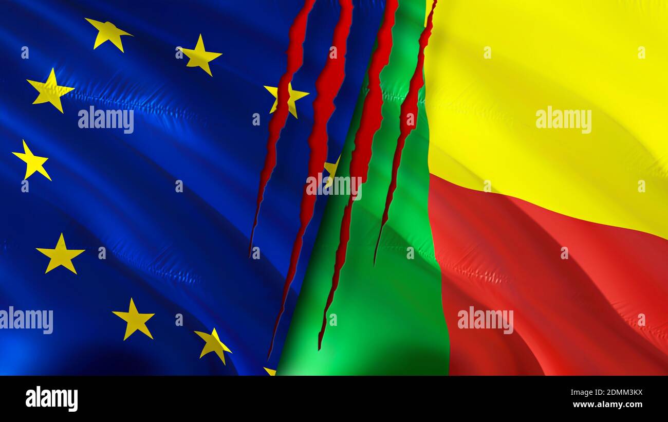 European Union and Benin flags with scar concept. Waving flag,3D ...