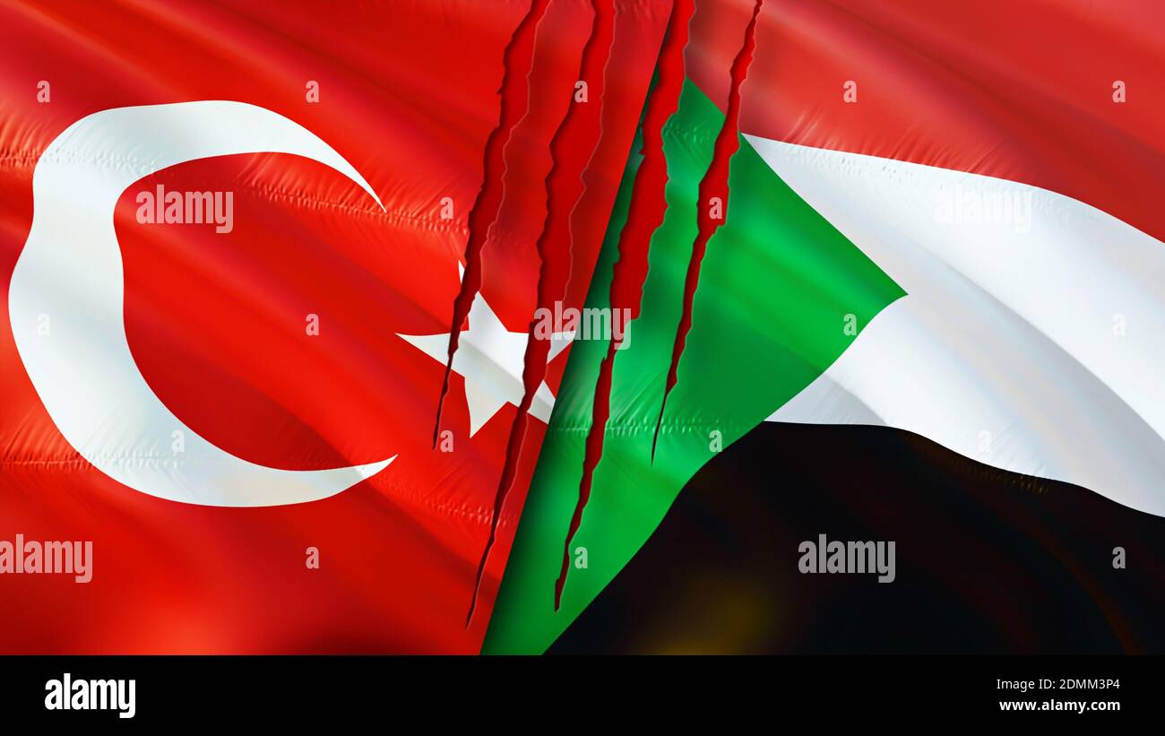 Turkey and Sudan flags with scar concept. Waving flag,3D rendering ...