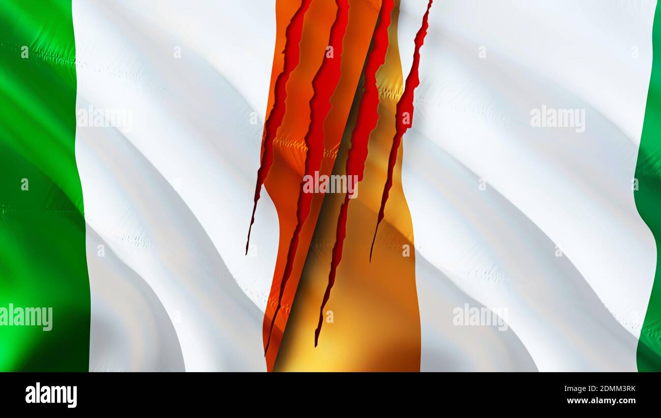 Ireland and Cote d'Ivoire flags with scar concept. Waving flag 3D ...