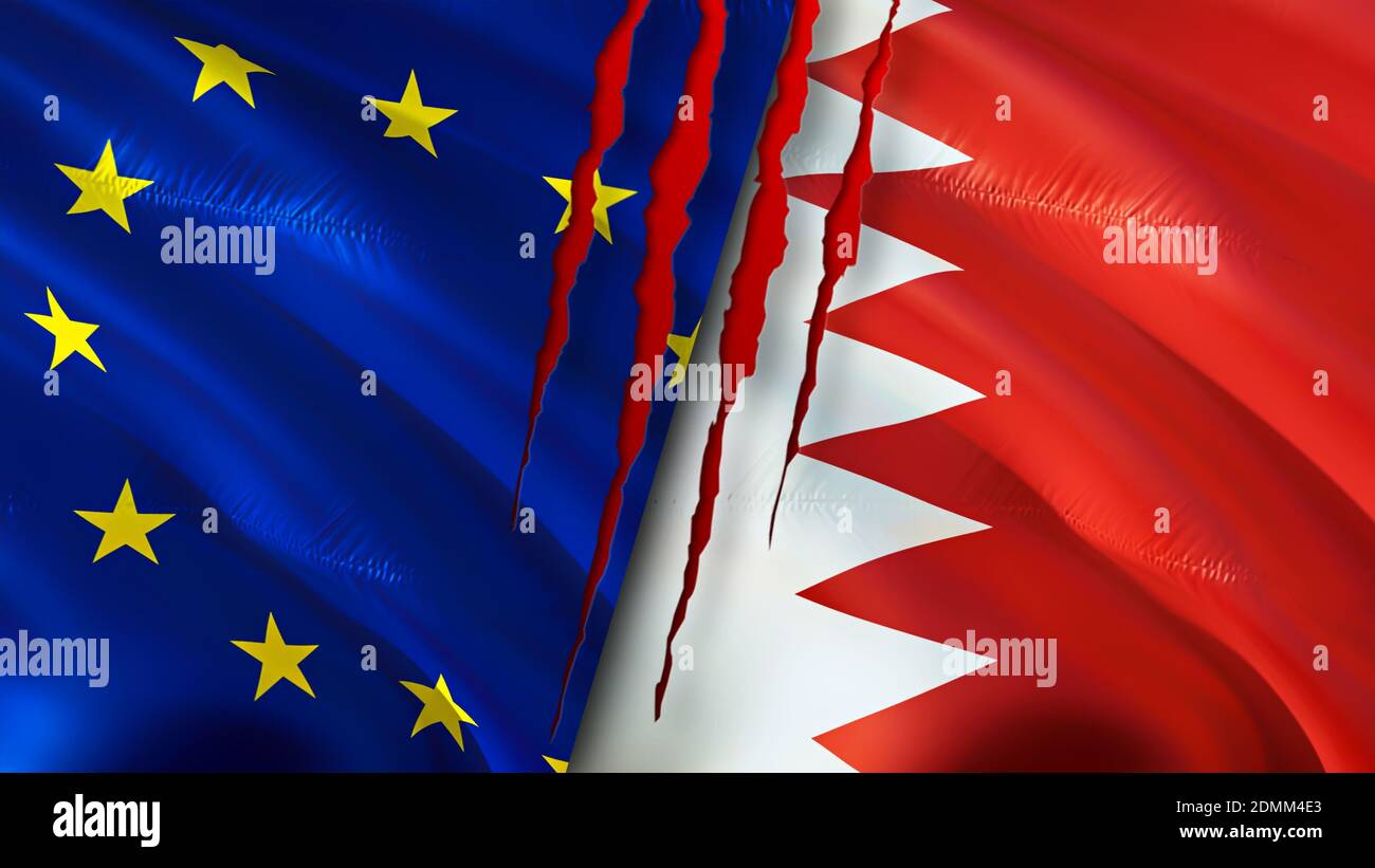 European Union and Bahrain flags with scar concept. Waving flag,3D ...