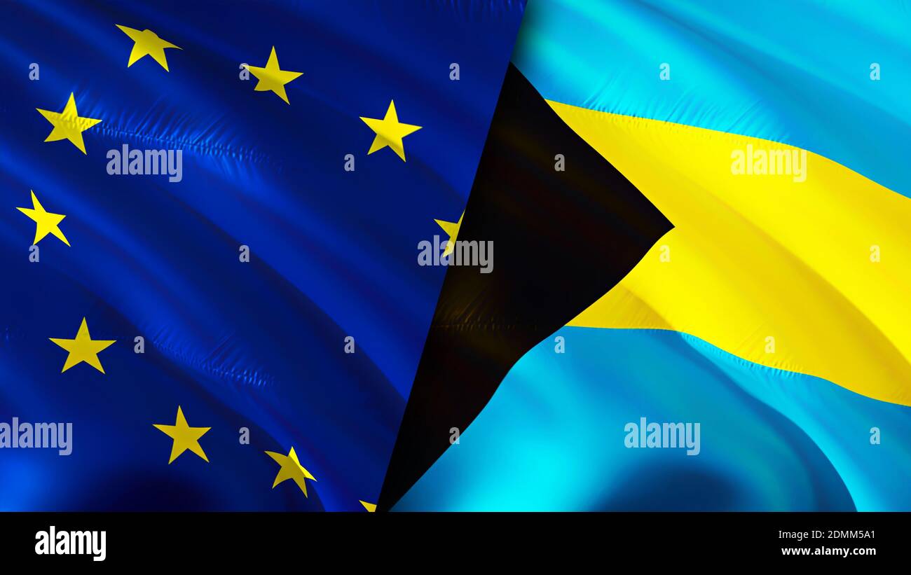 European Union and Bahamas flags. 3D Waving flag design. European Union ...