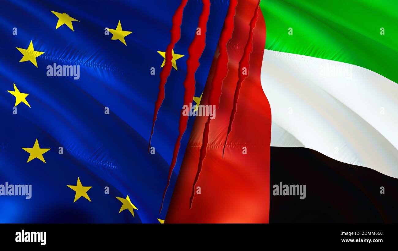 European Union and United Arab Emirates flags with scar concept. Waving ...