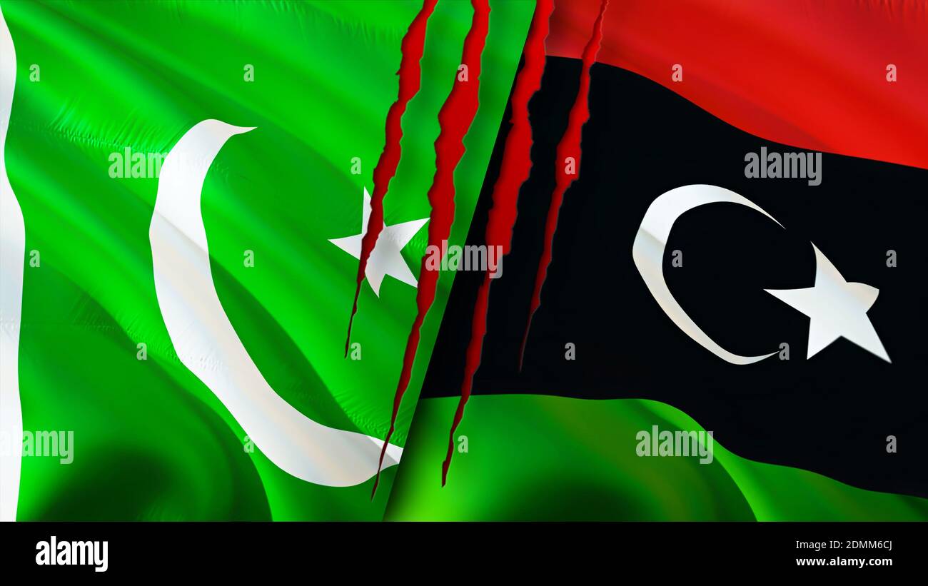 Pakistan and Libya flags with scar concept. Waving flag,3D rendering ...
