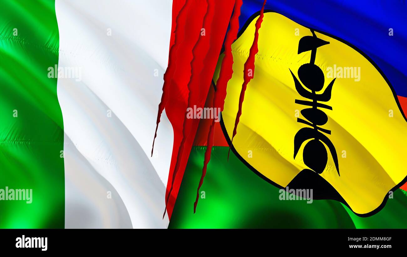 Italy and New Caledonia flags with scar concept. Waving flag,3D ...
