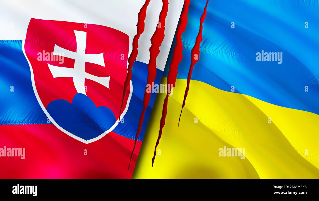 Slovakia and Ukraine flags with scar concept. Waving flag,3D rendering ...