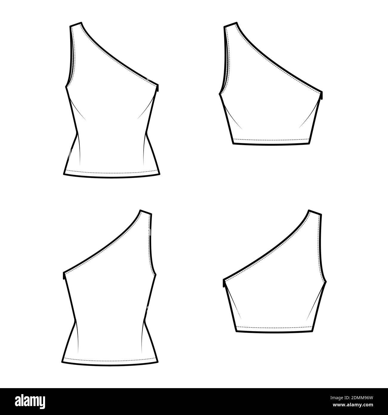 Set of One-shoulder tops tank technical fashion illustration with ...