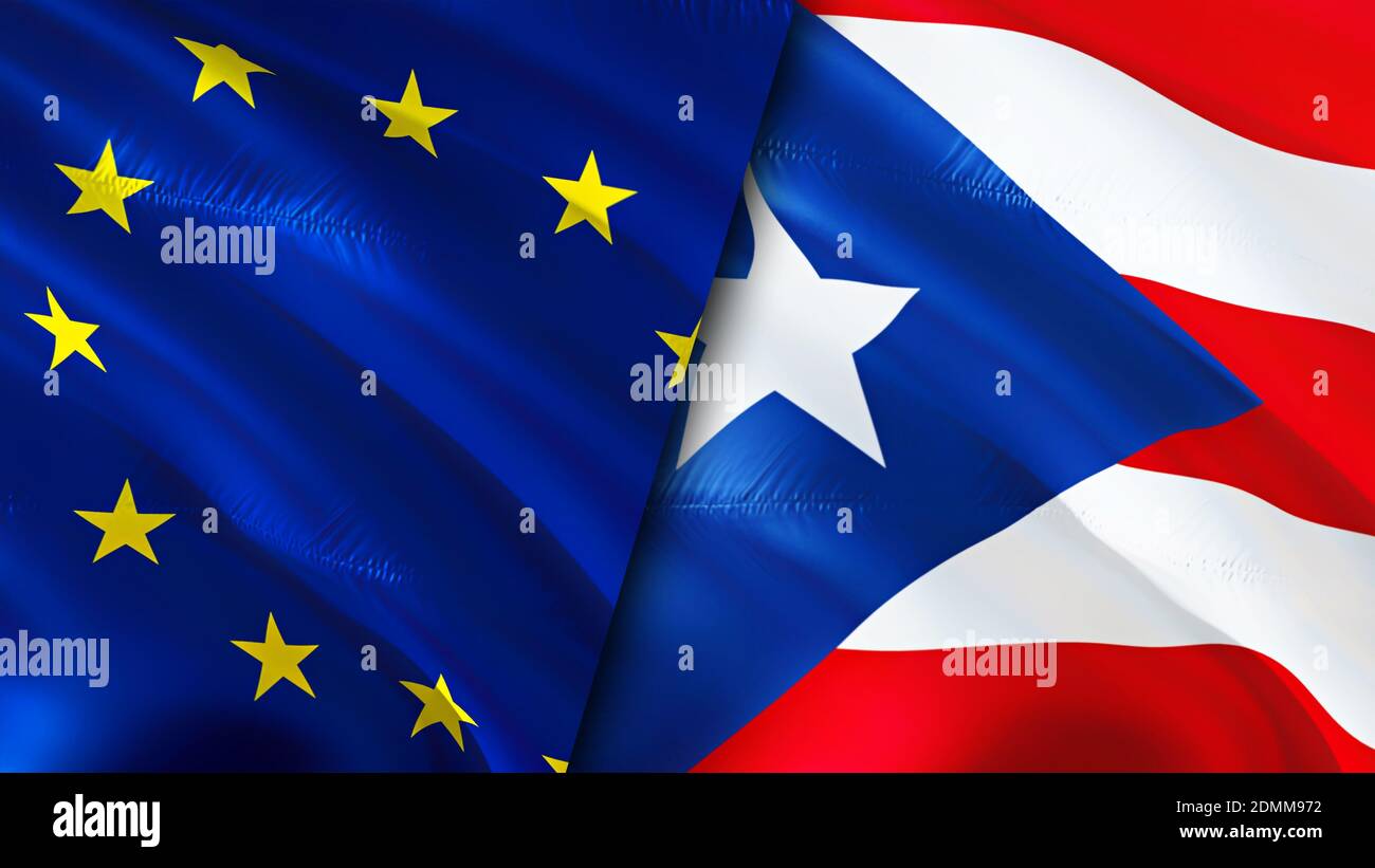 European Union and Puerto Rico flags. 3D Waving flag design. European ...