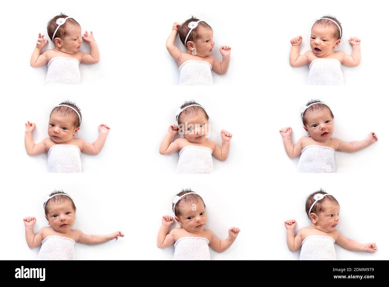 facial expressions and gestures of a newborn baby girl. A variety of ...
