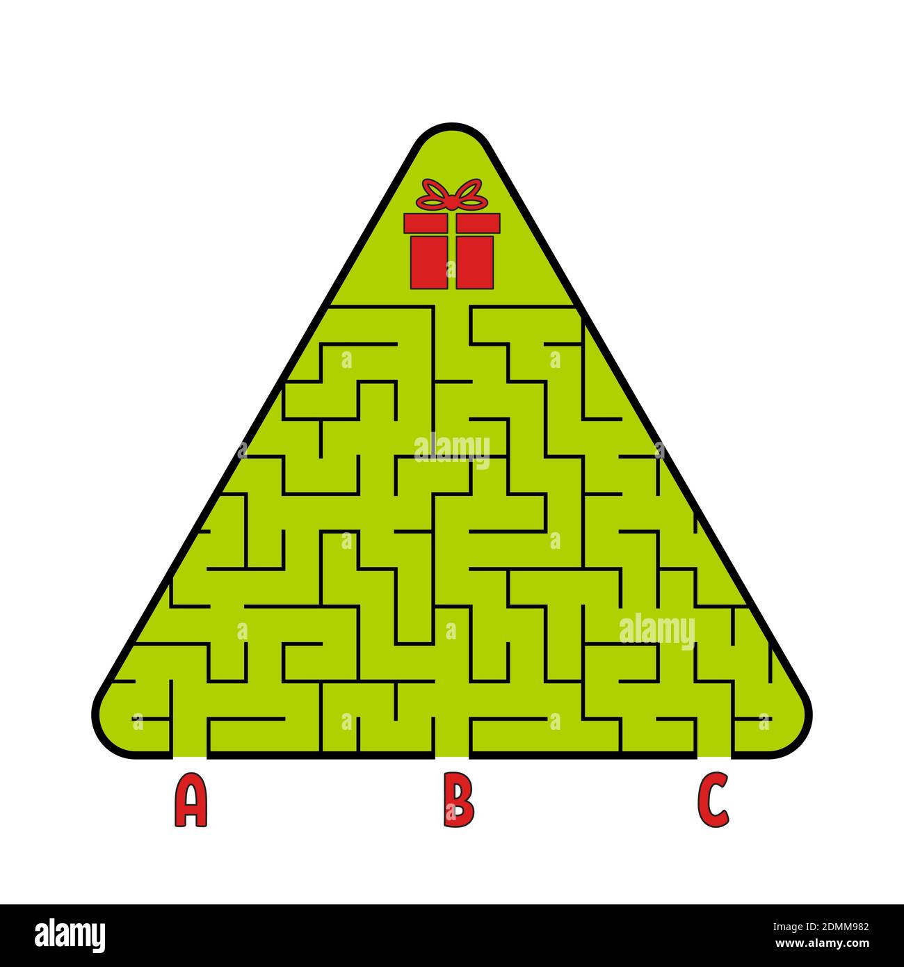 Abstract triangular labyrinth. Christmas tree with a gift. Find the ...