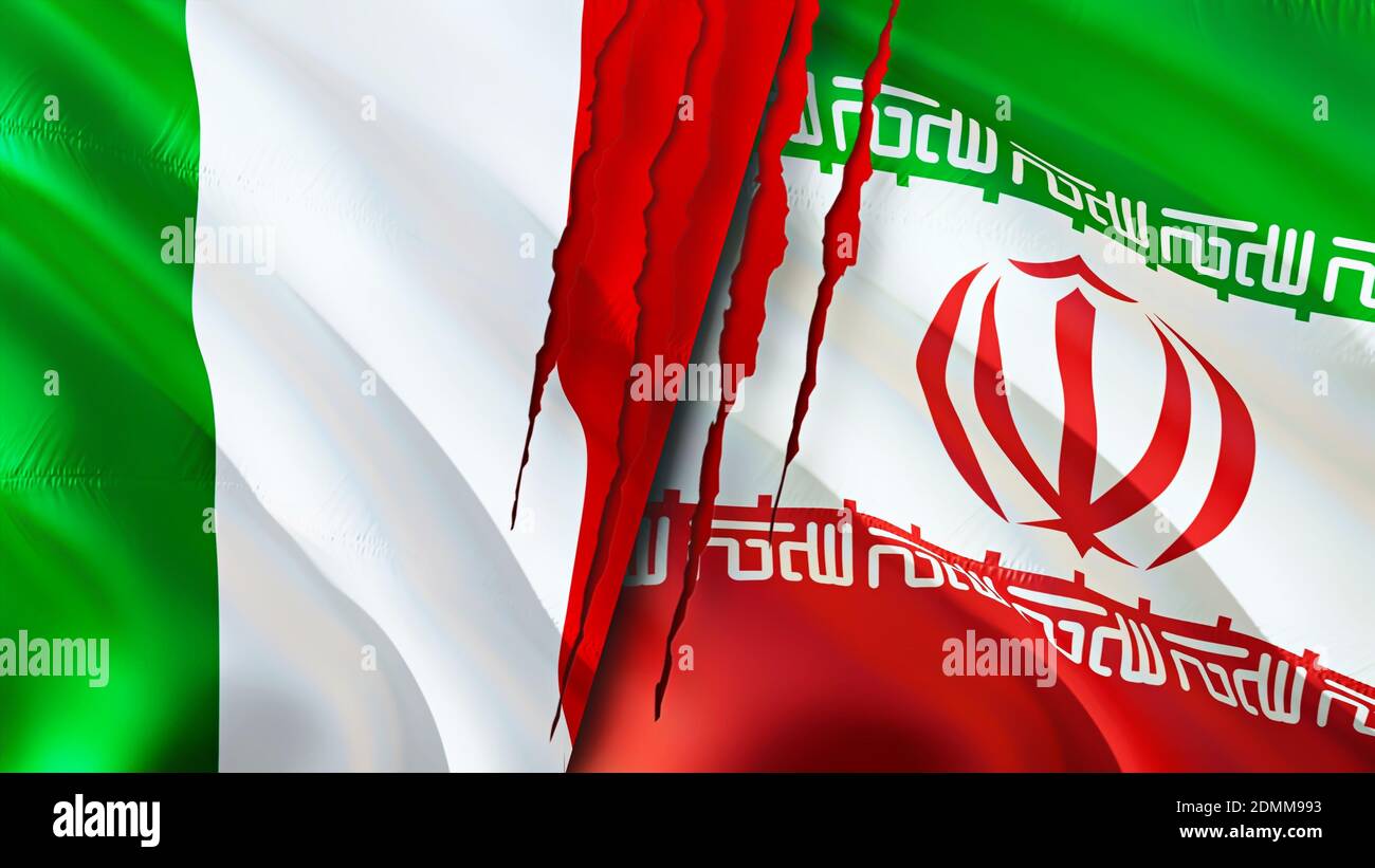 Italy and Iran flags with scar concept. Waving flag,3D rendering. Italy ...
