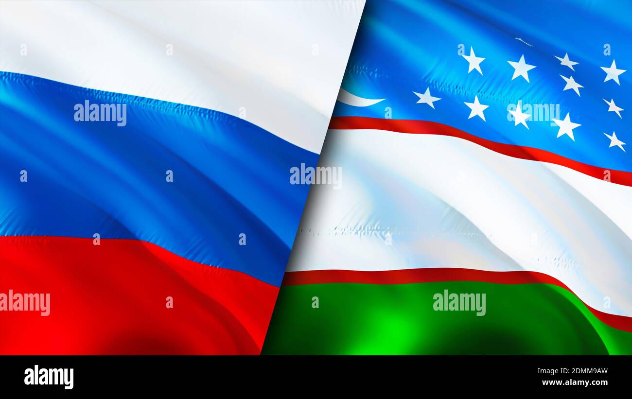 Russia and Uzbekistan flags. 3D Waving flag design. Russia Uzbekistan ...