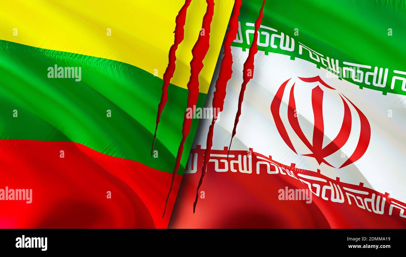 Lithuania and Iran flags with scar concept. Waving flag,3D rendering ...