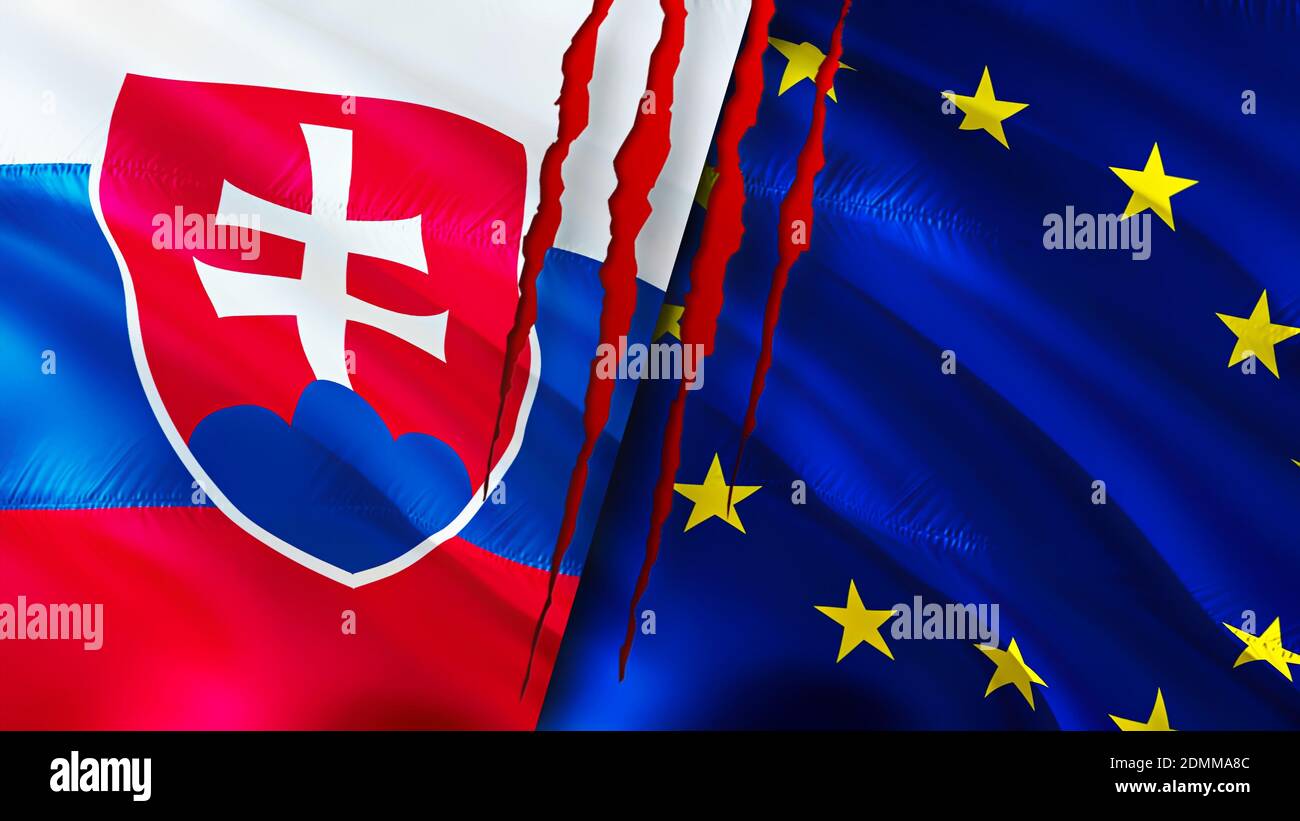 Slovakia and European Union flags with scar concept. Waving flag,3D ...