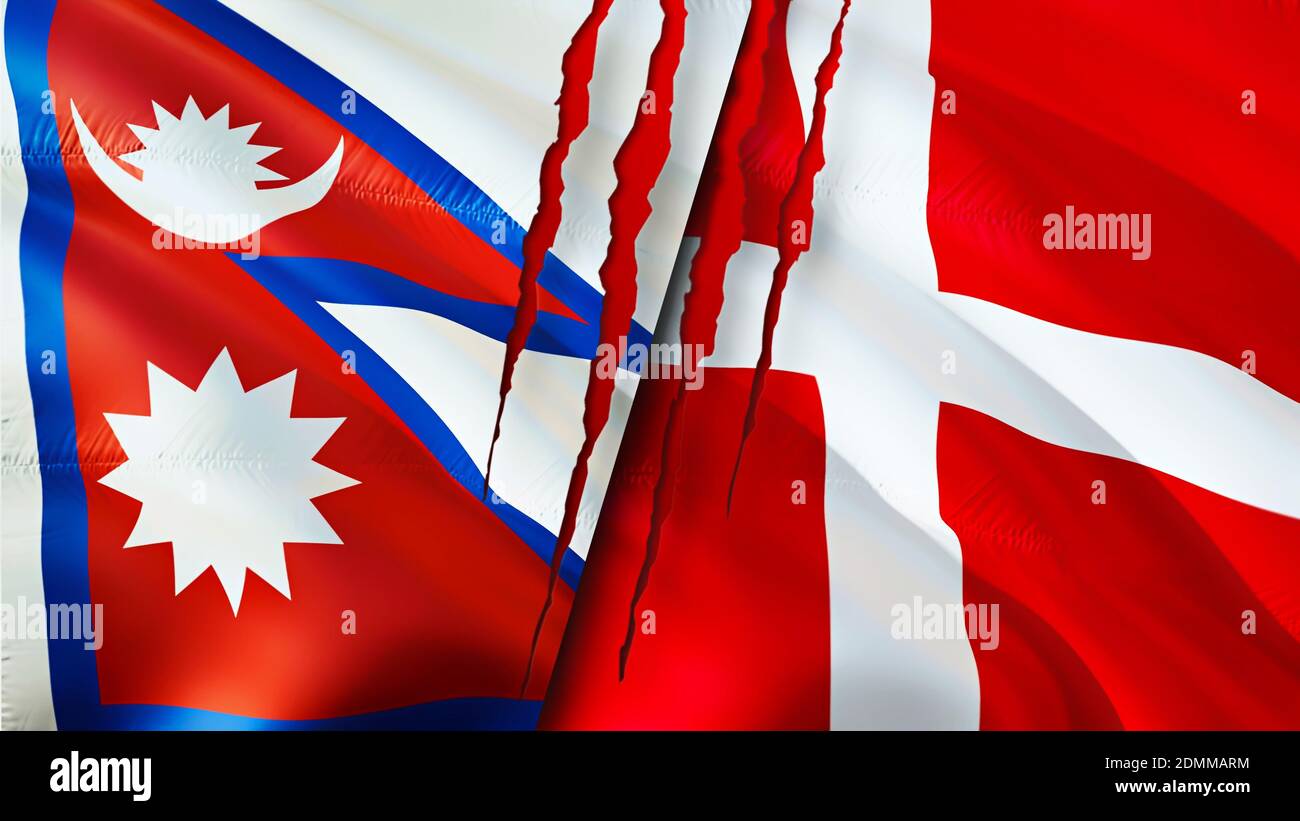 Nepal and Denmark flags with scar concept. Waving flag,3D rendering ...