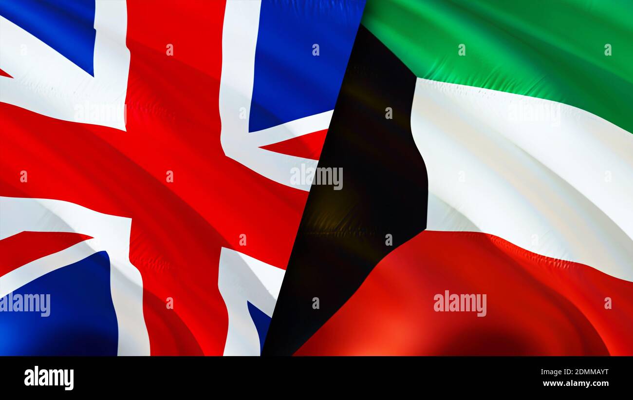 United Kingdom and Kuwait flags. 3D Waving flag design. United Kingdom ...