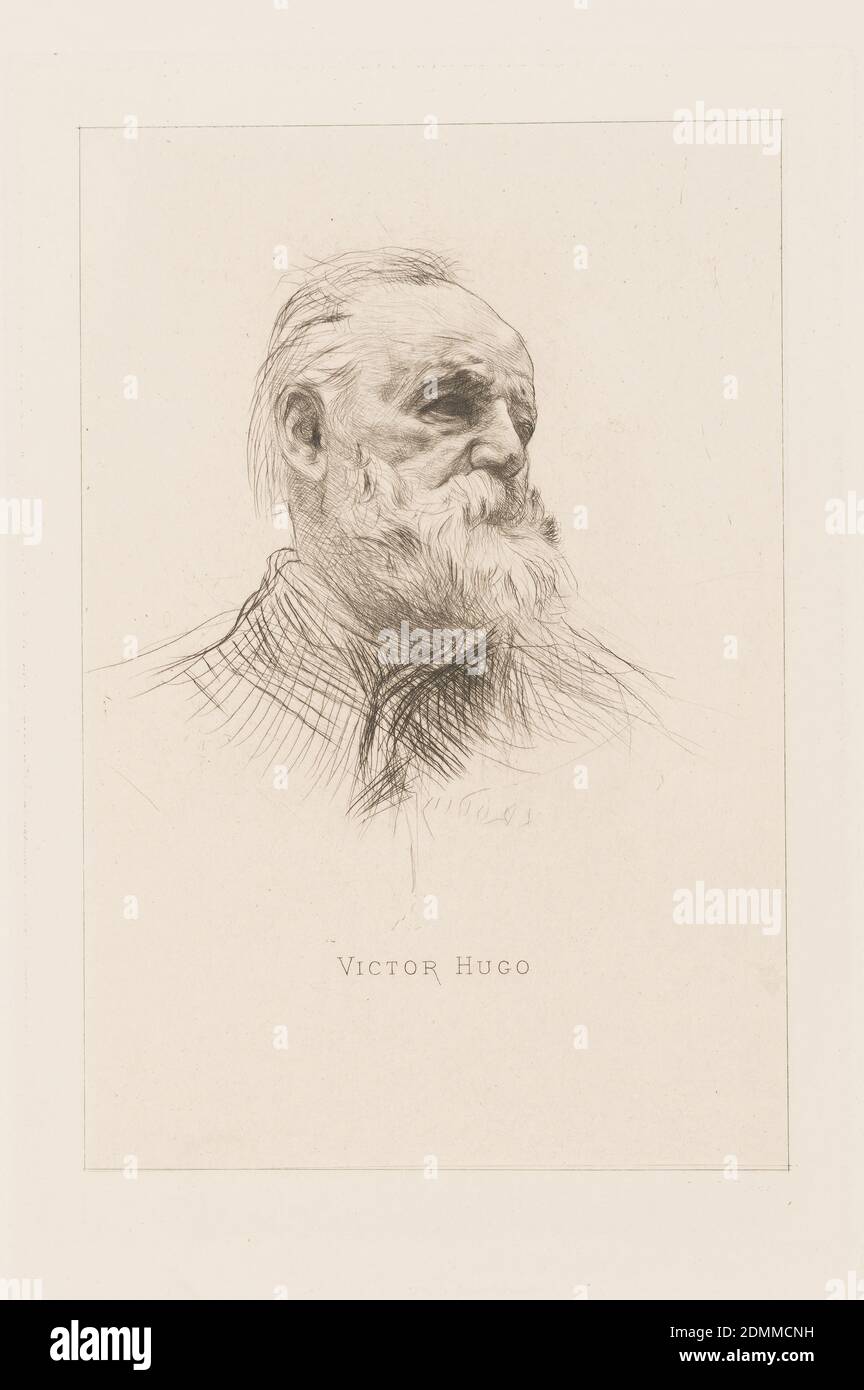 Portrait of Victor Hugo, Auguste Rodin, 1840 – 1917, Drypoint, ruled border in drypoint on white ...