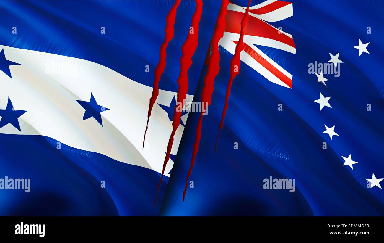 Honduras and Cook Islands flags with scar concept. Waving flag 3D ...