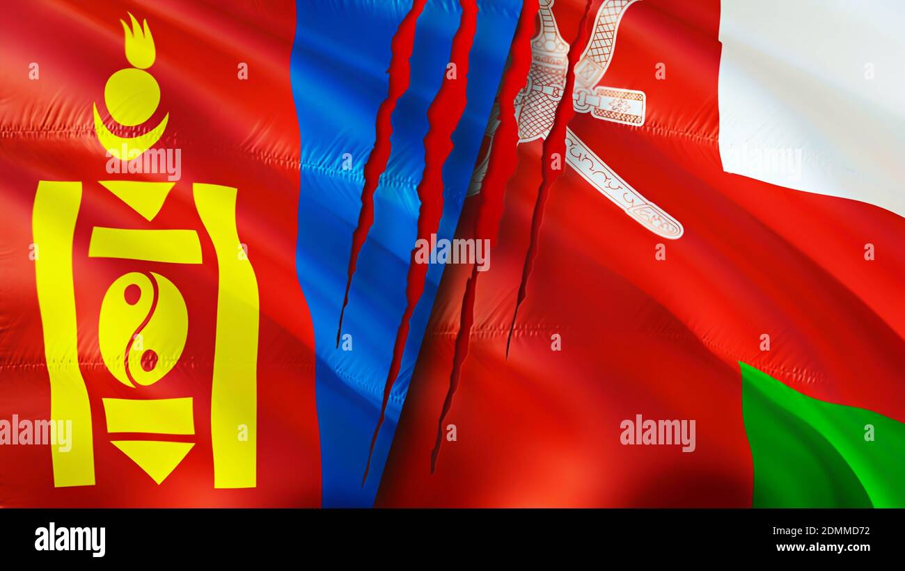 Mongolia and Oman flags with scar concept. Waving flag,3D rendering ...