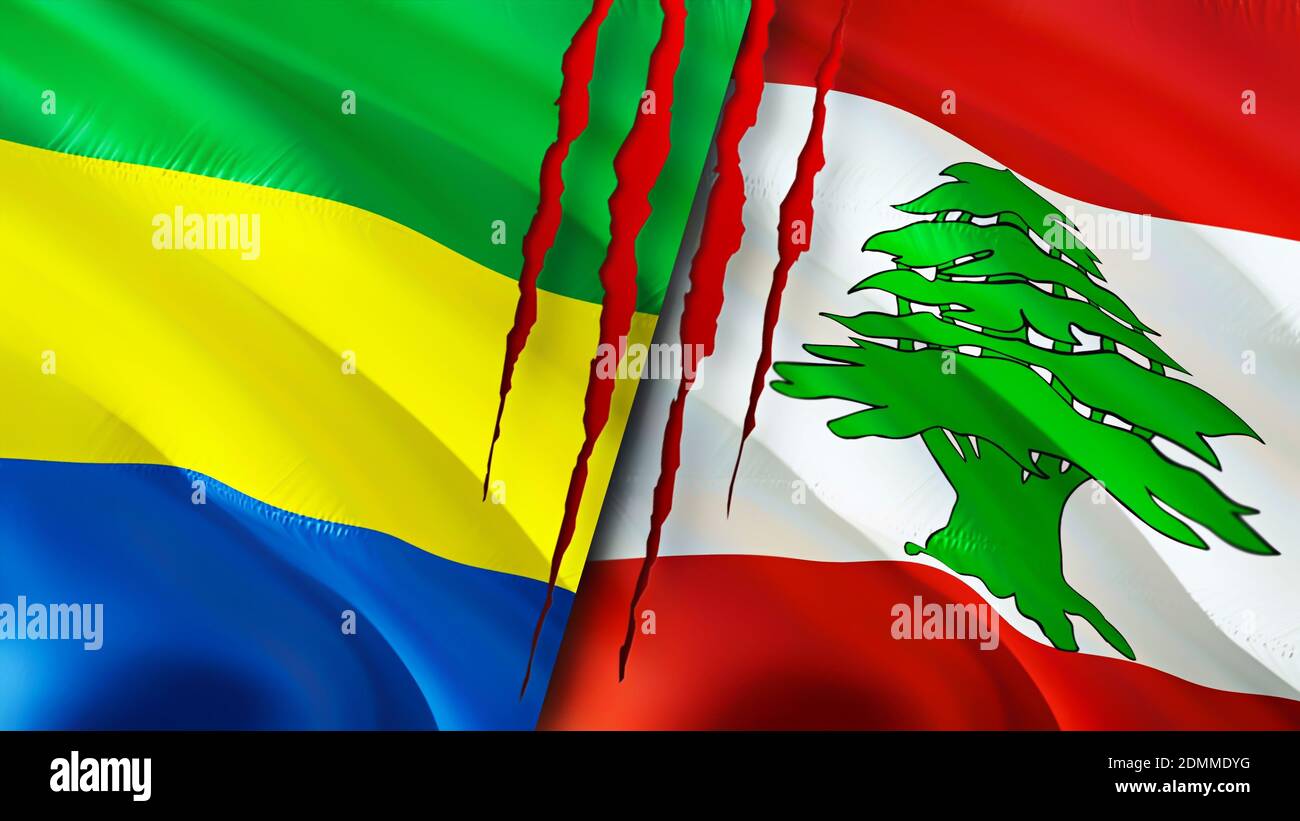 Gabon and Lebanon flags with scar concept. Waving flag,3D rendering ...