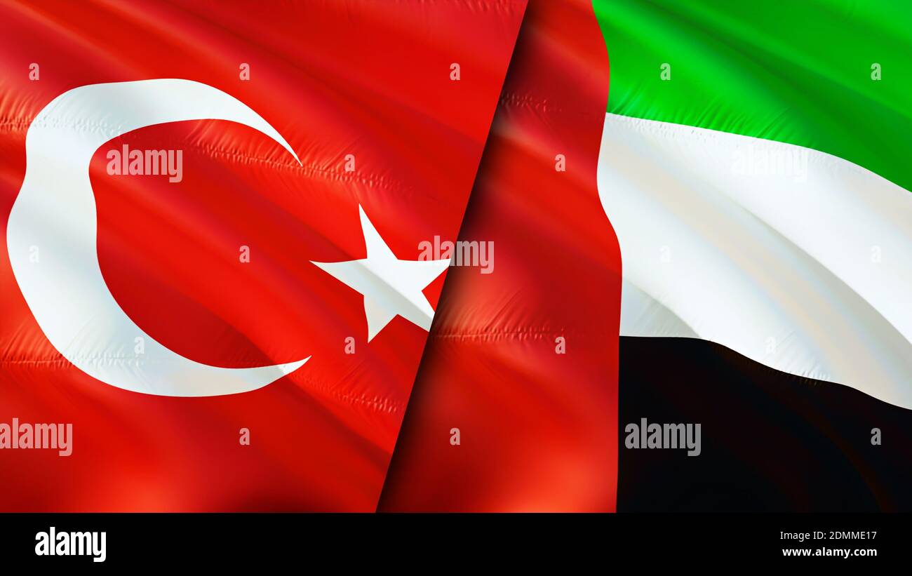 Turkey and United Arab Emirates flags. 3D Waving flag design. Turkey ...