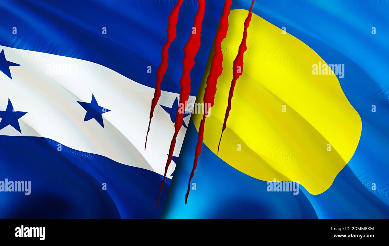 Honduras and Palau flags with scar concept. Waving flag 3D rendering ...