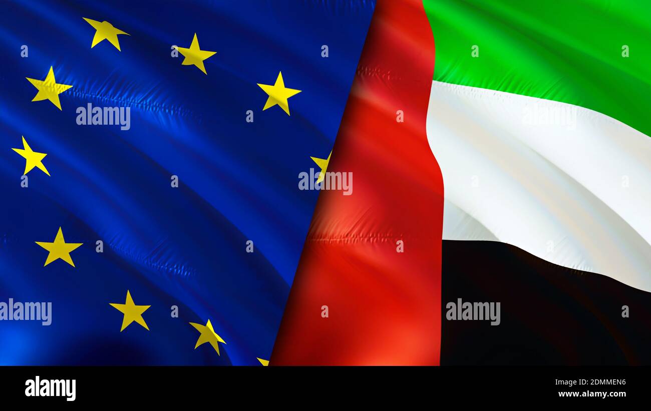European Union and United Arab Emirates flags. 3D Waving flag design ...