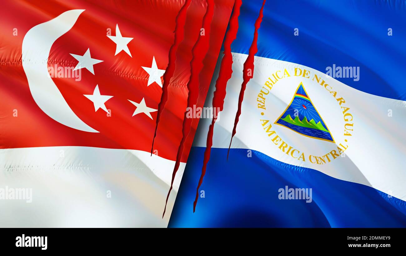 Singapore and Nicaragua flags with scar concept. Waving flag,3D ...