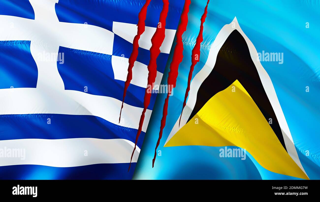 Greece and Saint Lucia flags with scar concept. Waving flag,3D ...