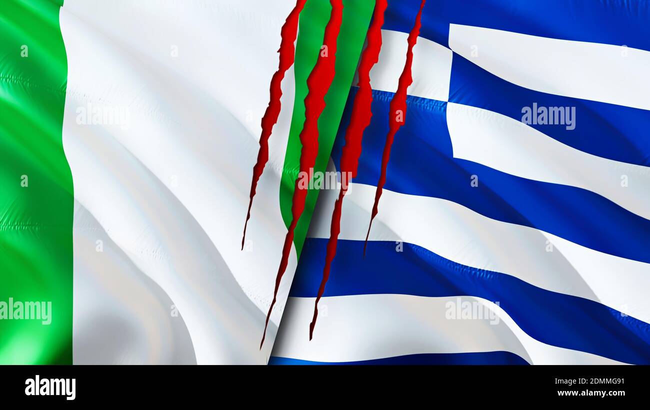 Nigeria and Greece flags with scar concept. Waving flag,3D rendering ...