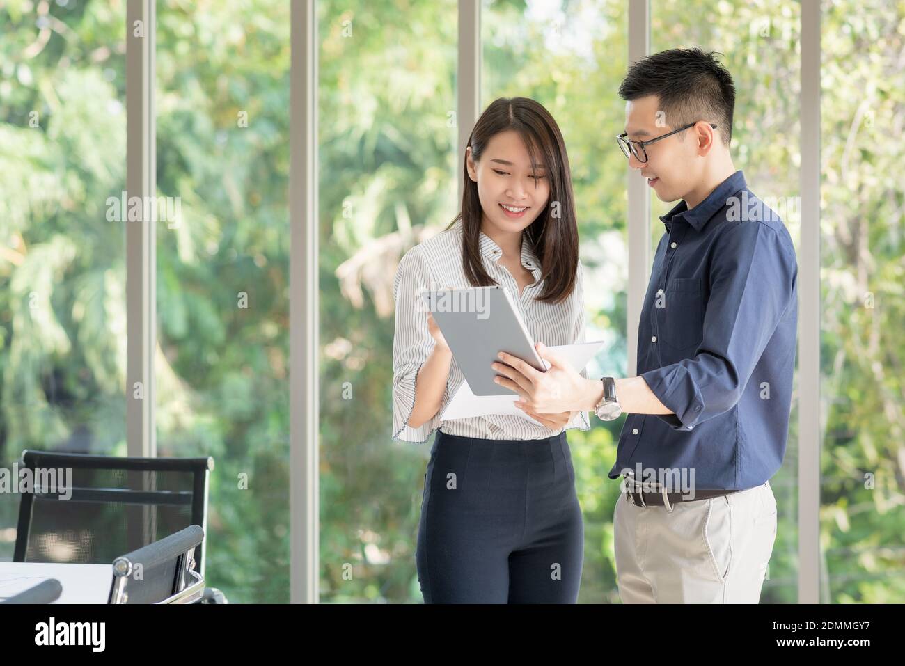 Business employee enjoy and happy to work at company office with ...