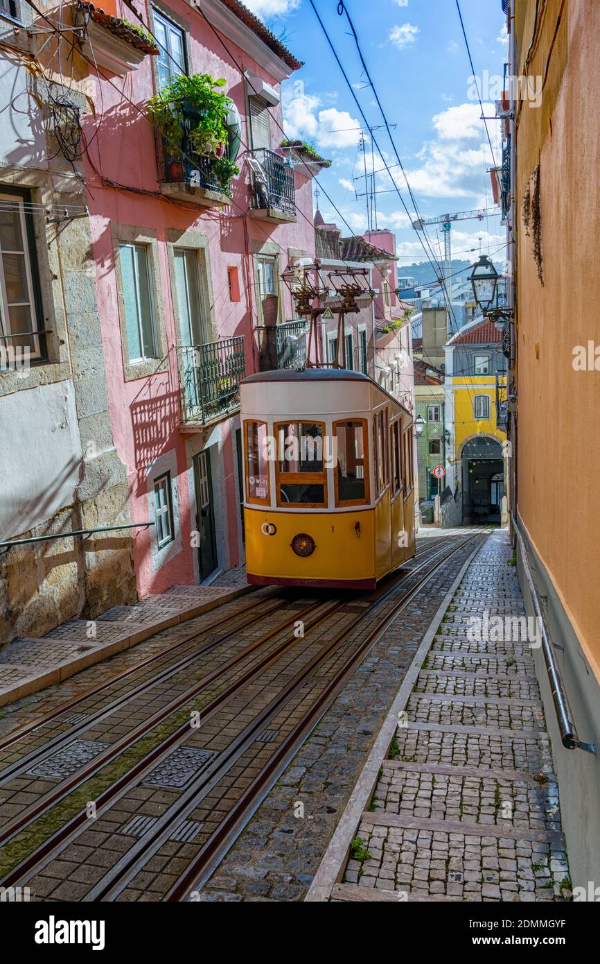 Lisbon, Portugal - 15 December 2020: view of the Gloria Funicular in ...