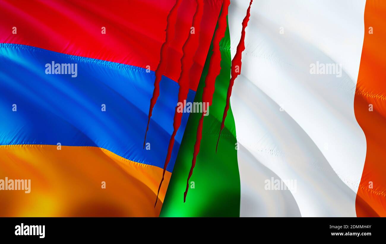 Armenia and Ireland flags with scar concept. Waving flag,3D rendering ...