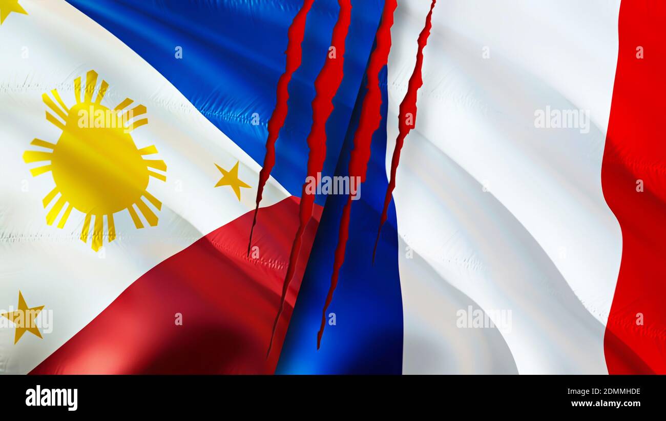 Philippines and France flags with scar concept. Waving flag,3D ...