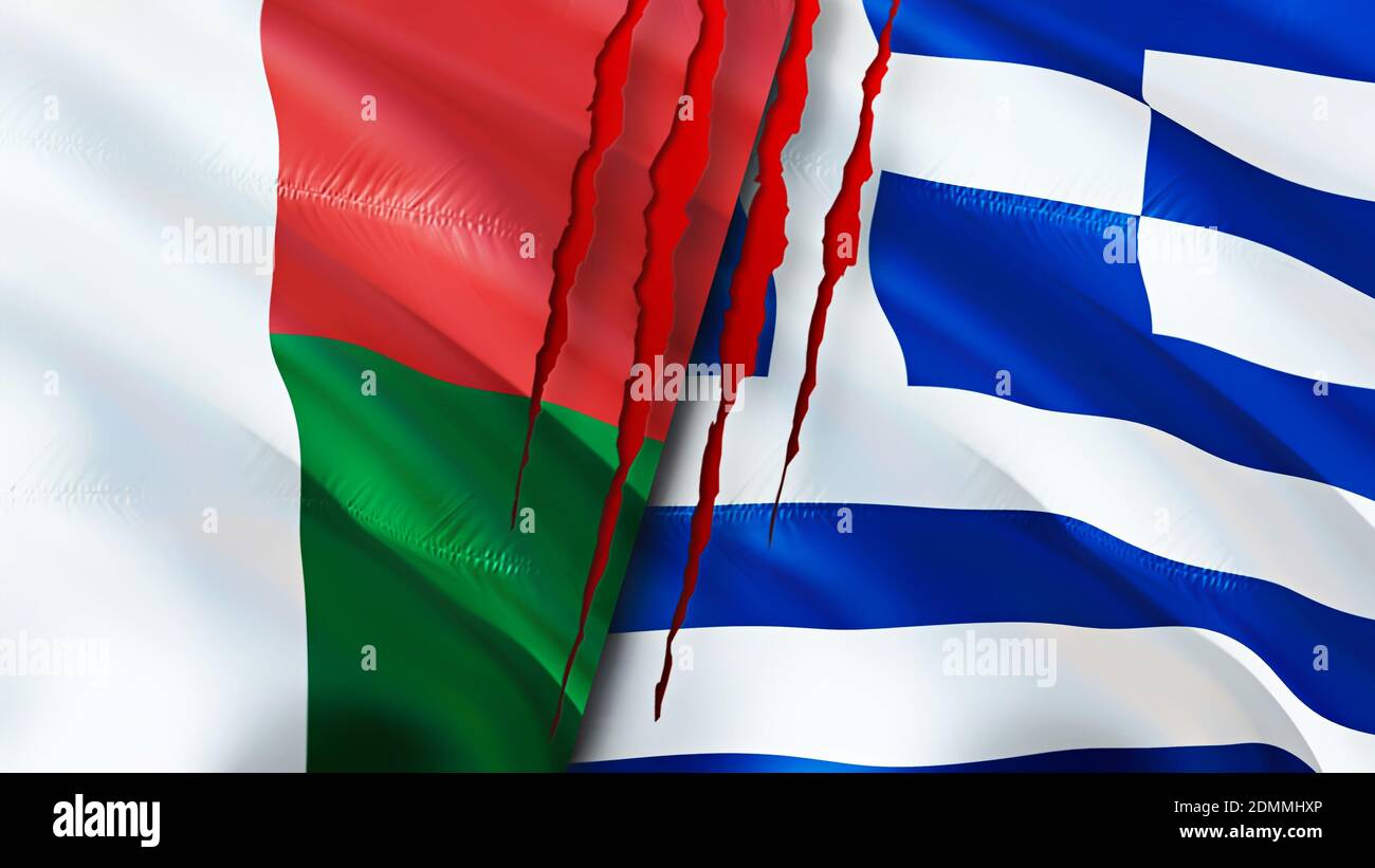 Madagascar and Greece flags with scar concept. Waving flag,3D rendering ...