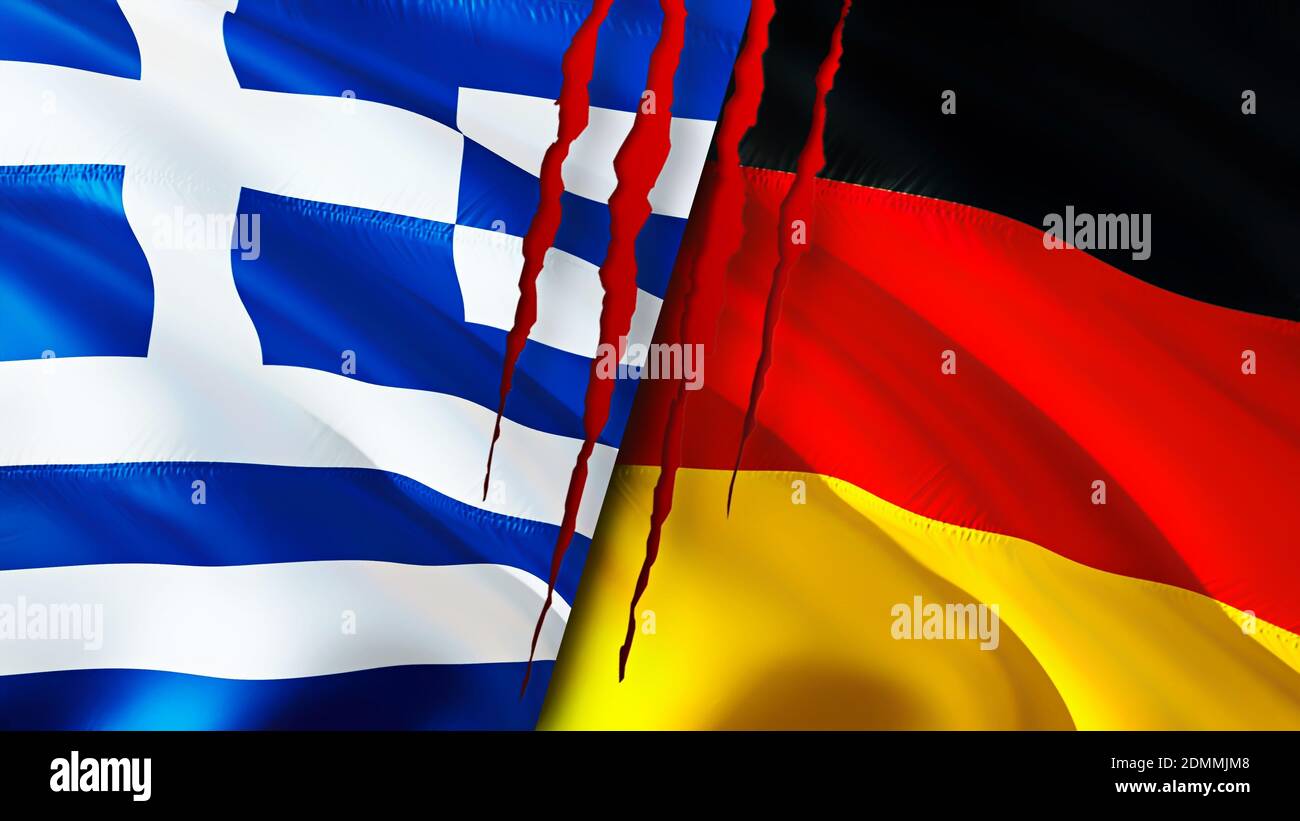 Greece and Germany flags with scar concept. Waving flag,3D rendering ...