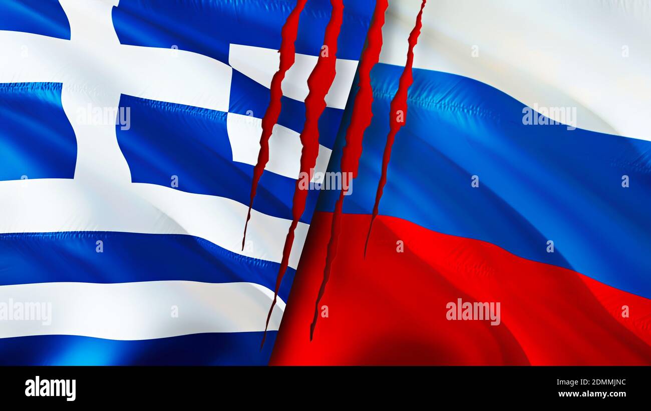 Greece and Russia flags with scar concept. Waving flag,3D rendering ...
