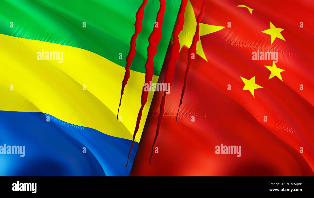Gabon and China flags with scar concept. Waving flag,3D rendering ...
