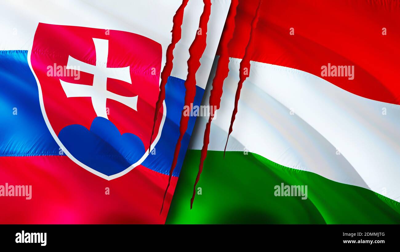 Slovakia and Hungary flags with scar concept. Waving flag,3D rendering ...