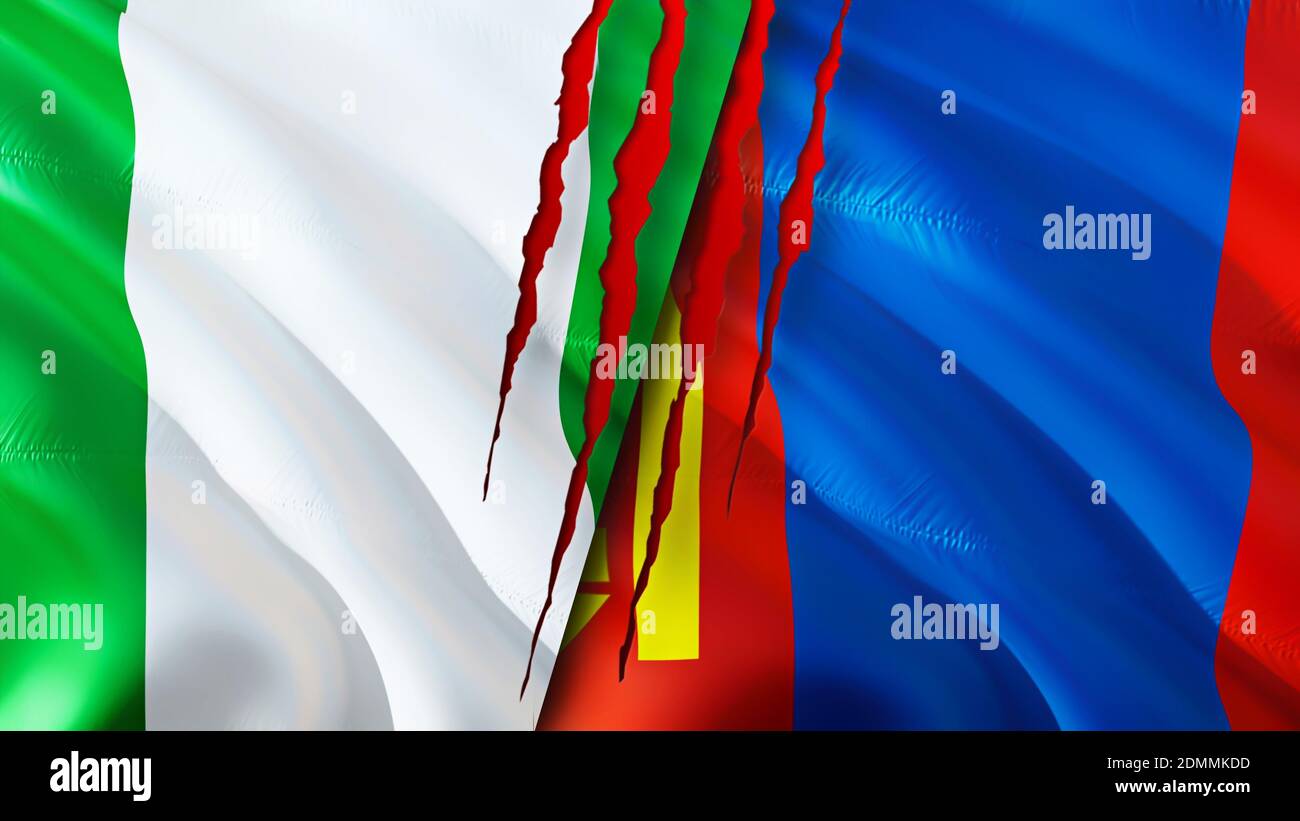 Nigeria and Mongolia flags with scar concept. Waving flag,3D rendering ...