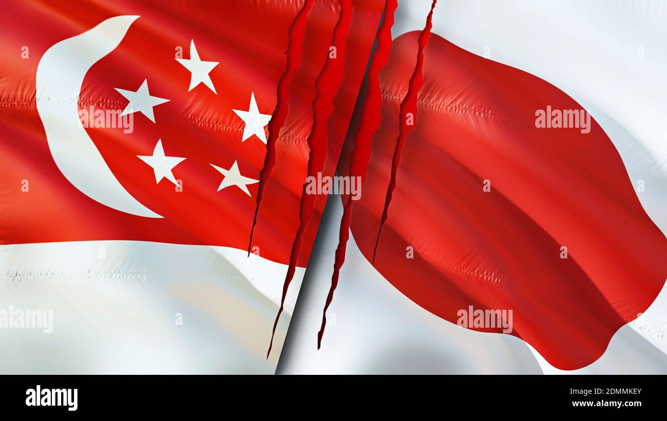 Singapore and Japan flags with scar concept. Waving flag,3D rendering ...