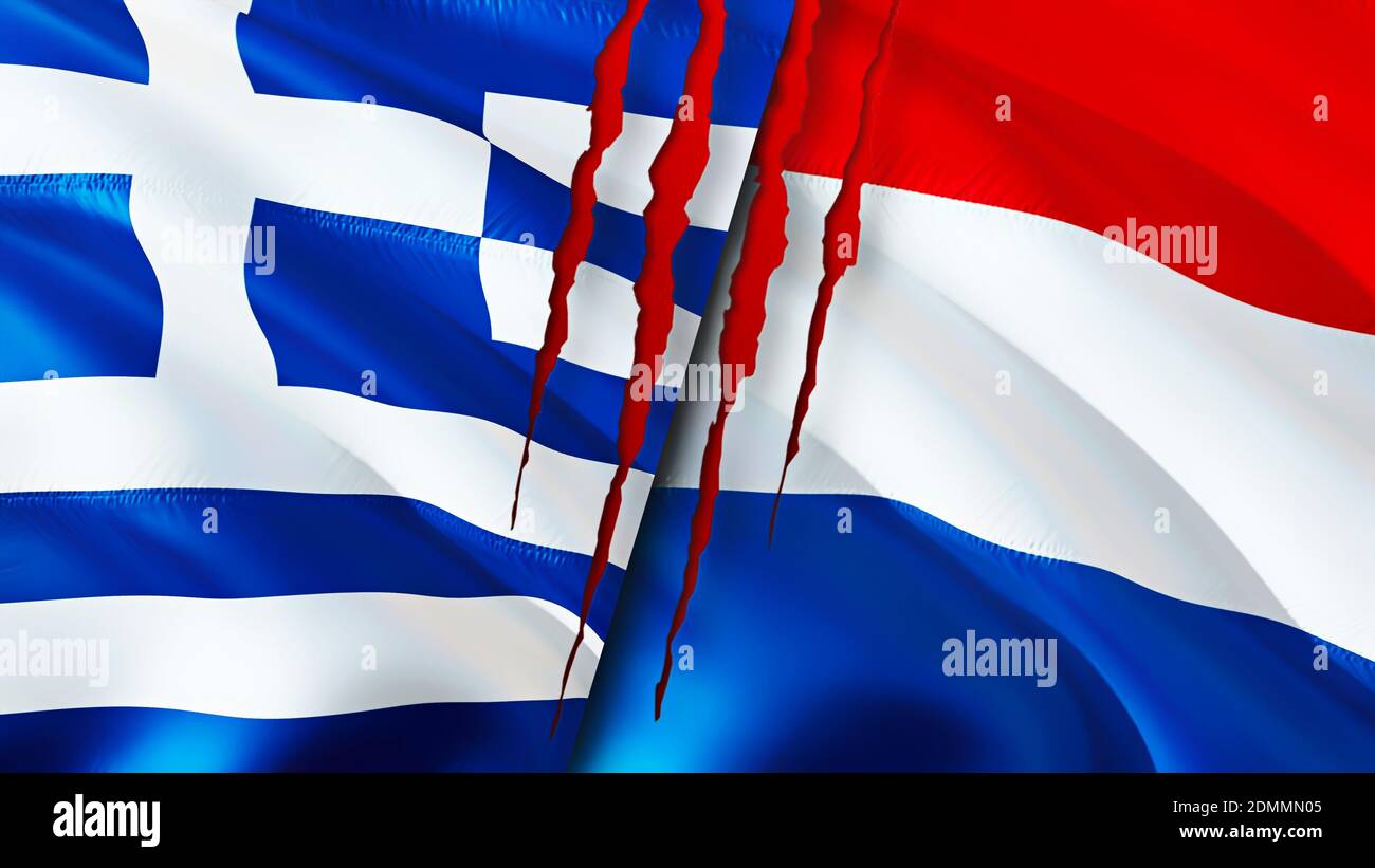 Greece and Netherlands flags with scar concept. Waving flag,3D ...