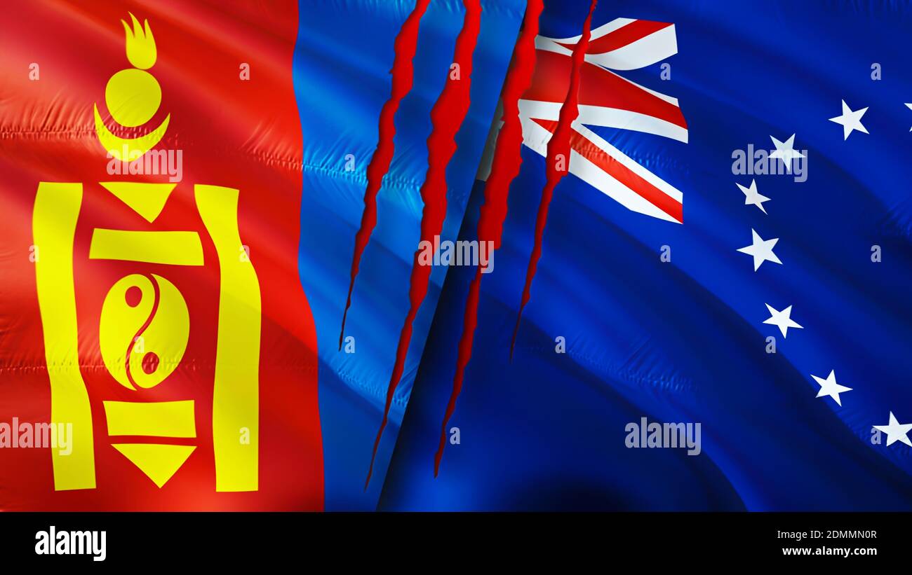 Mongolia and Cook Islands flags with scar concept. Waving flag,3D ...
