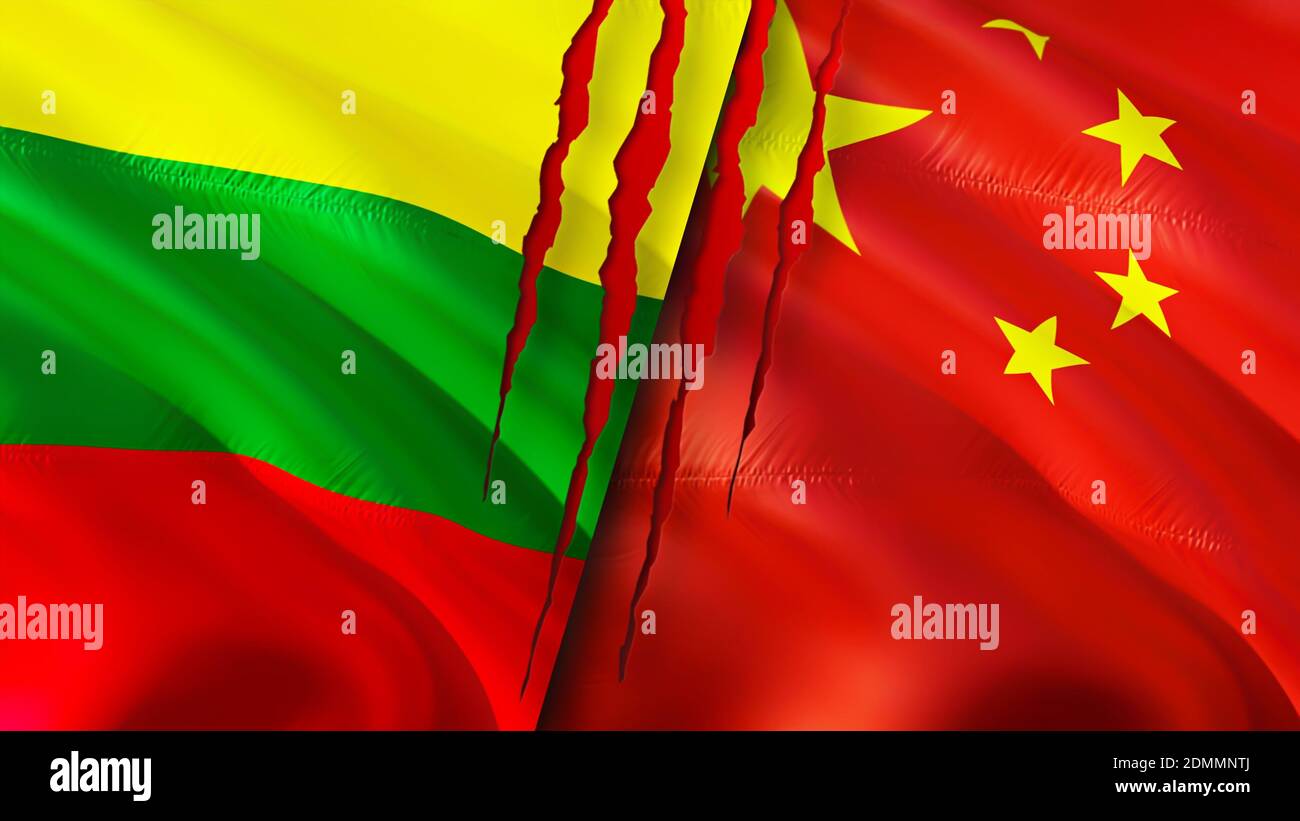Lithuania and China flags with scar concept. Waving flag,3D rendering ...