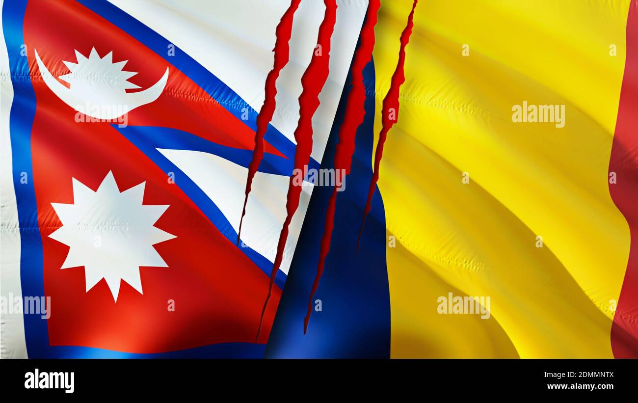 Nepal and Chad flags with scar concept. Waving flag,3D rendering. Nepal ...