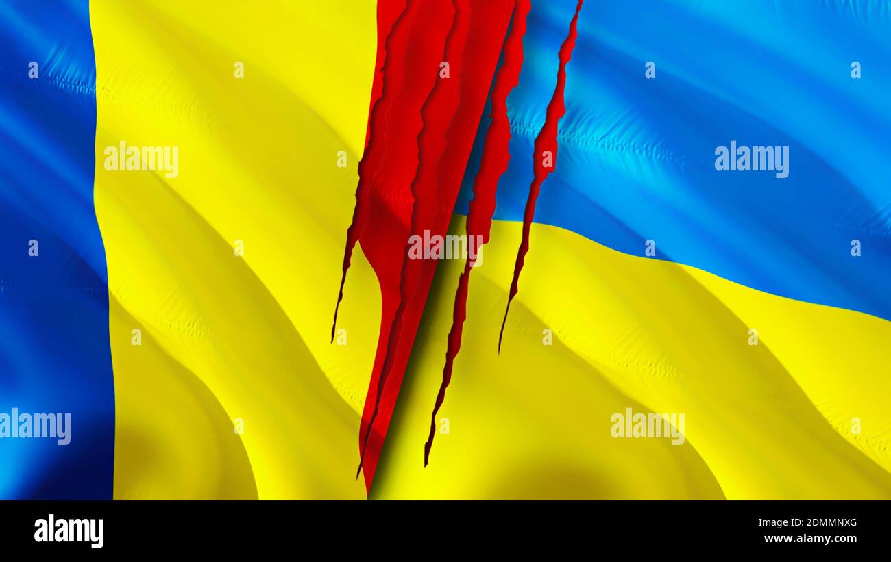 Romania and Ukraine flags with scar concept. Waving flag,3D rendering ...